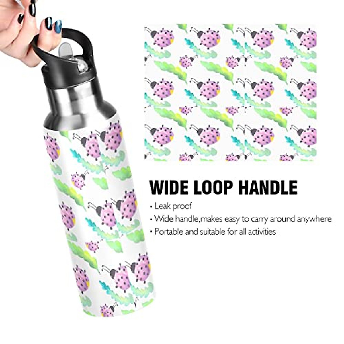 xigua Ladybug Water Bottle Double Walled Stainless Steel Leak Proof Thermo Flask for Sports Gym Cycling Outdoor,20 oz.