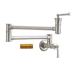 Double Handles Folding Pot Filler Kitchen Faucet with 360 Degrees Swing Arm Single Hole Brass Wall Mount Pot Filler Facuet Dual Joints Brushed Nickel