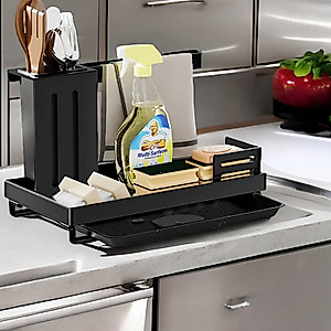 MMV Sink Caddy Kitchen Organiser, Sink Tidy Sponge Holder with Drip Tray, Stainless Steel Sink Organiser with Utensil Holder and Dish Cloth Holder for Countertop, Kitchen Sink Caddy, Black