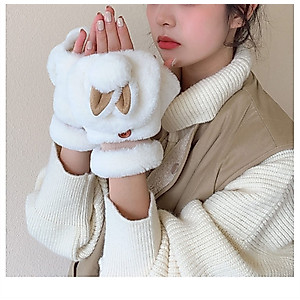 Women Girls Warm Gloves Thicken Cute Rabbit Ears Convertible Flip Top Winter Fingerless Thick Mittens for Teen Student (Color : White, Size : One Size)