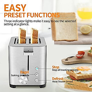 Kikiwell Toaster 2 Slice, Stainless Steel Bread Toasters, Extra Wide Slots, 6 Bread Shade Settings, Bagel/Defrost/Cancel Function, Removable Crumb Tray, 120V/850W (2 Slice)