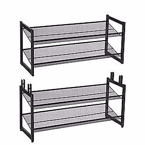 SONGMICS Shoe Rack, 2-Tier Stackable Shoe Storage Shelf, Flat or Angled Shoe Organizer, Metal Shoe Tower Stand for Closet Entryway, Black