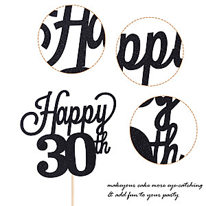 1 Pack Happy 30th Cake Topper Black Glitter Number 30 Thirty Birthday Cake Pick Decorations for Cheers to 30 Years Old 30th Birthday Wedding Anniversary Party Supplies Black