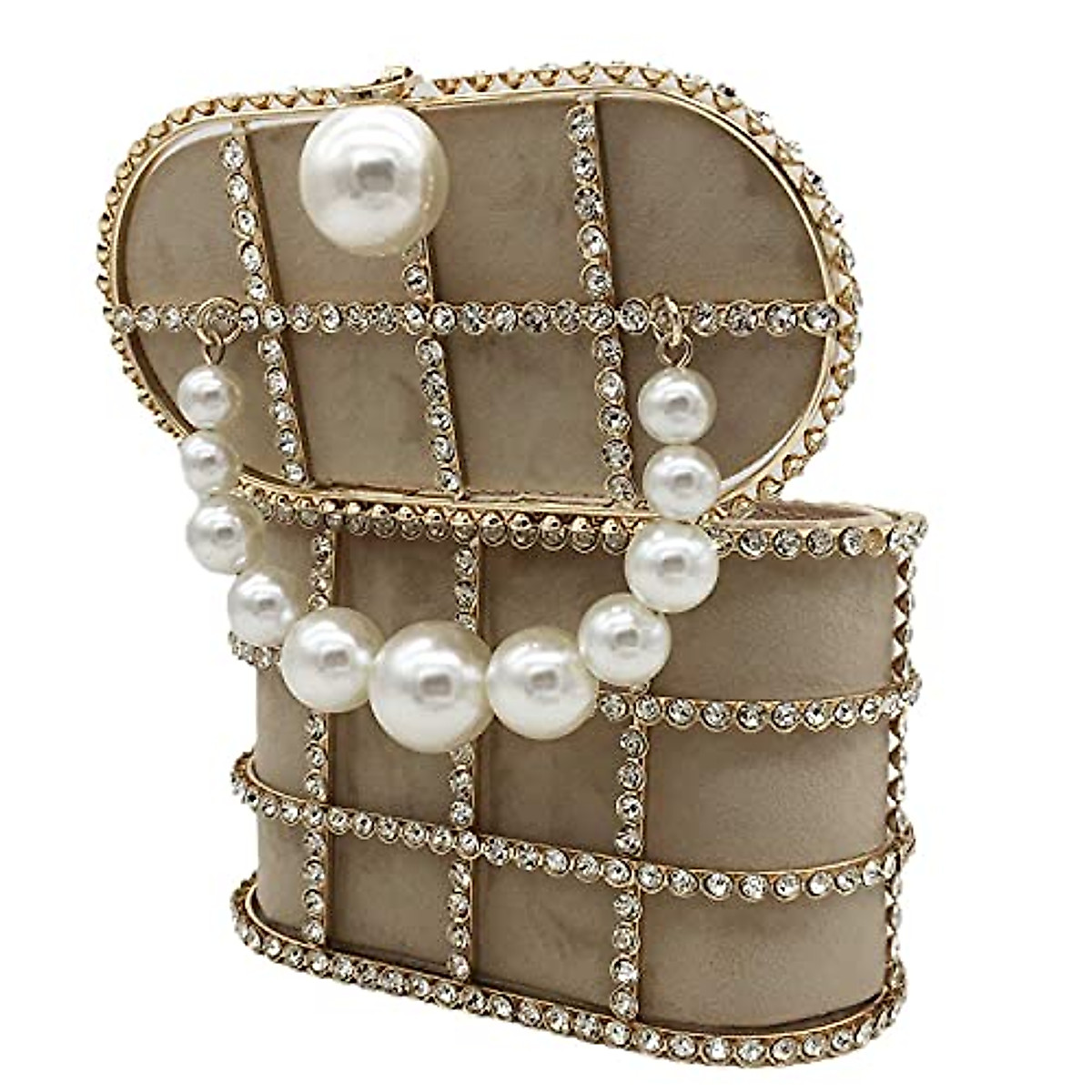 DDQYYSPP Synthetic Pearl Top-Handle Women Metal Bucket Bag Crystal Evening Purses and Clutches Formal Wedding Handbags, Gold