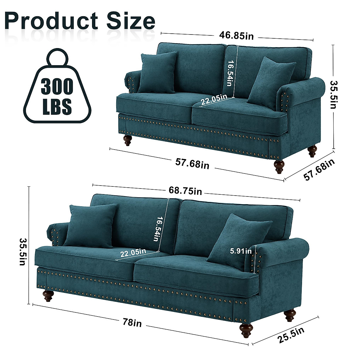 Mid Century Modern Sofa Set, 22" Extra Deep Seat juegos de muebles de sala Comfy Chenille Upholstered Living Room Furniture Sets with Rolled Arms Nailhead Trim (Lake Green, 2 Pieces A)
