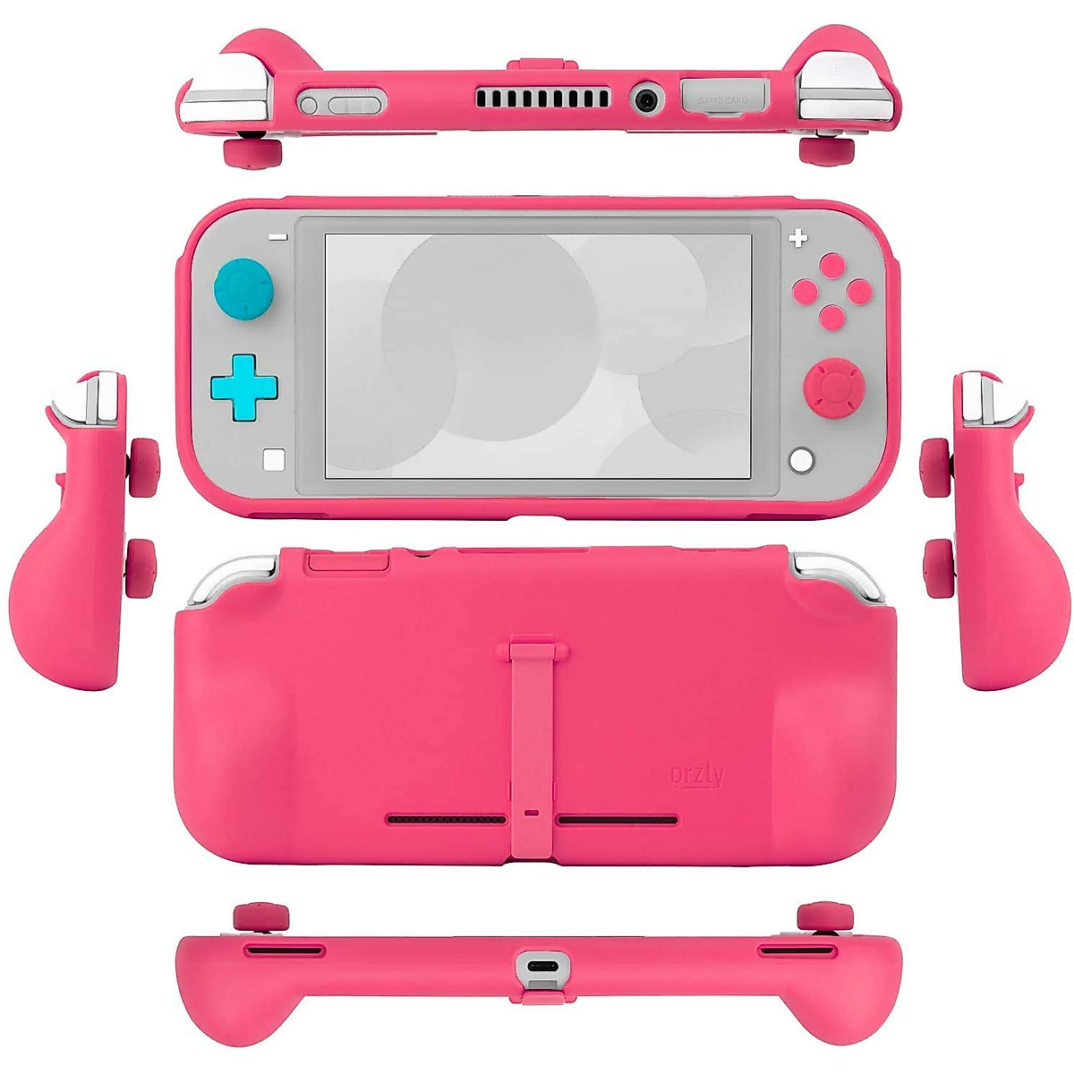 Orzly Grip Case Compatible for use with Nintendo Switch Lite – Case with Comfort Padded Hand Grips, Kickstand, & Pack of Thumb Grips - Pink