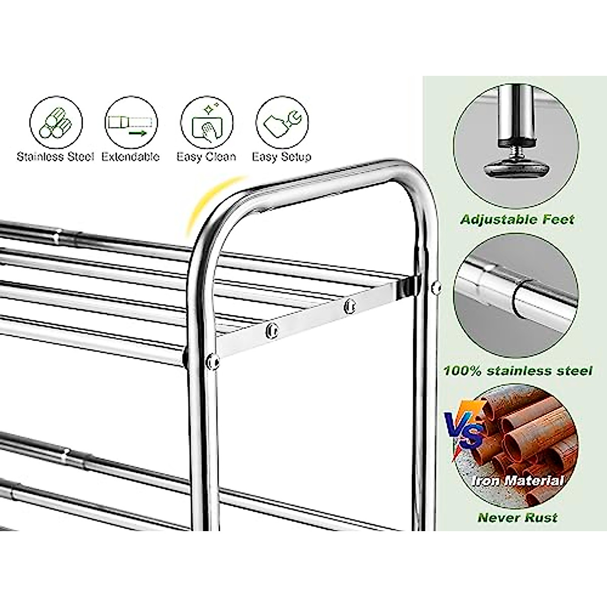 SKIKEN 2-Tier Low Shoe Rack, 100% Stainless Steel, Small Expandable Shoe Rack, Stretchable Rod, No Rust, Easy to Care, Simple Metal Storage Rack For Entrance, Stairs Side, Closet, Bathroom