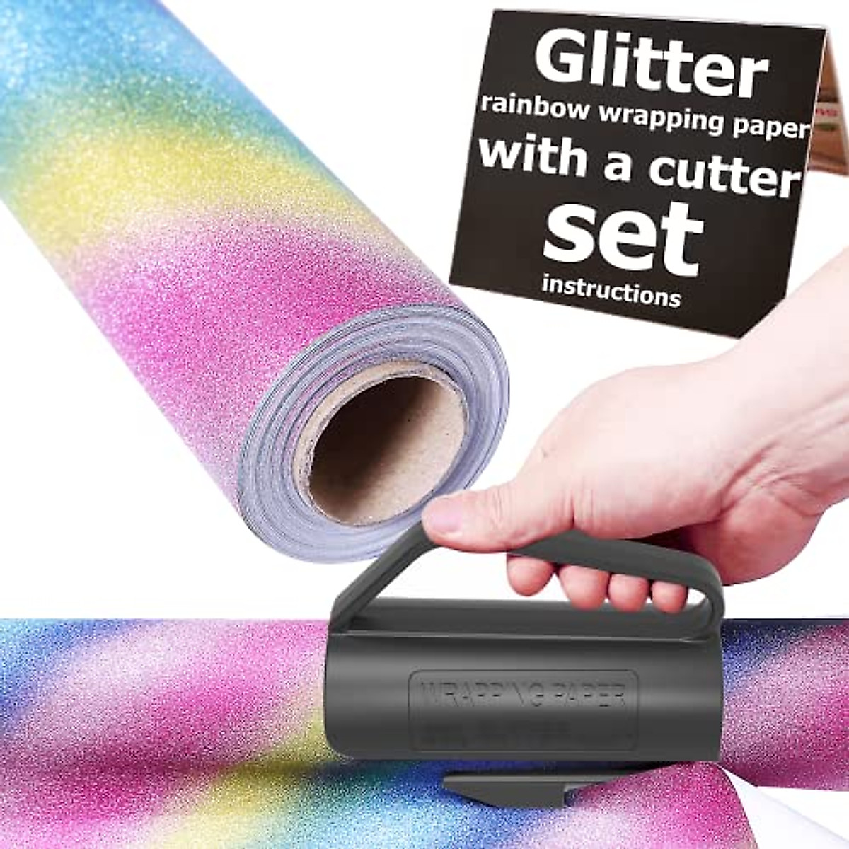 THMORT Glitter Gradient Rainbow Wrapping Paper Roll with a Cutter Kit for Girls&Boys,Babie Kids Adults,17 Inch X 33 Feet Gold Glitter Princess Pink Birthday Gift Wrapping Paper Roll for Baby Shower.