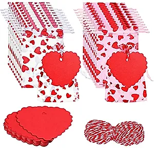 Ausejopeac 50 Pieces Valentine's Day Heart Candy Bags Love Organza Jewelry Pouches and 50 Pieces Kraft Paper Tags for Valentine's Day, Jewelry Packaging, Wedding Party, 8 x 10 cm