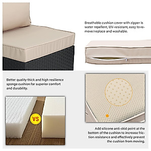 Outdoor Patio PE Wicker 5 Piece Furniture Set, Black Rattan Sectional Conversation Sofa Chair with Square Propane Fire Pit Table, Khaki Cushion