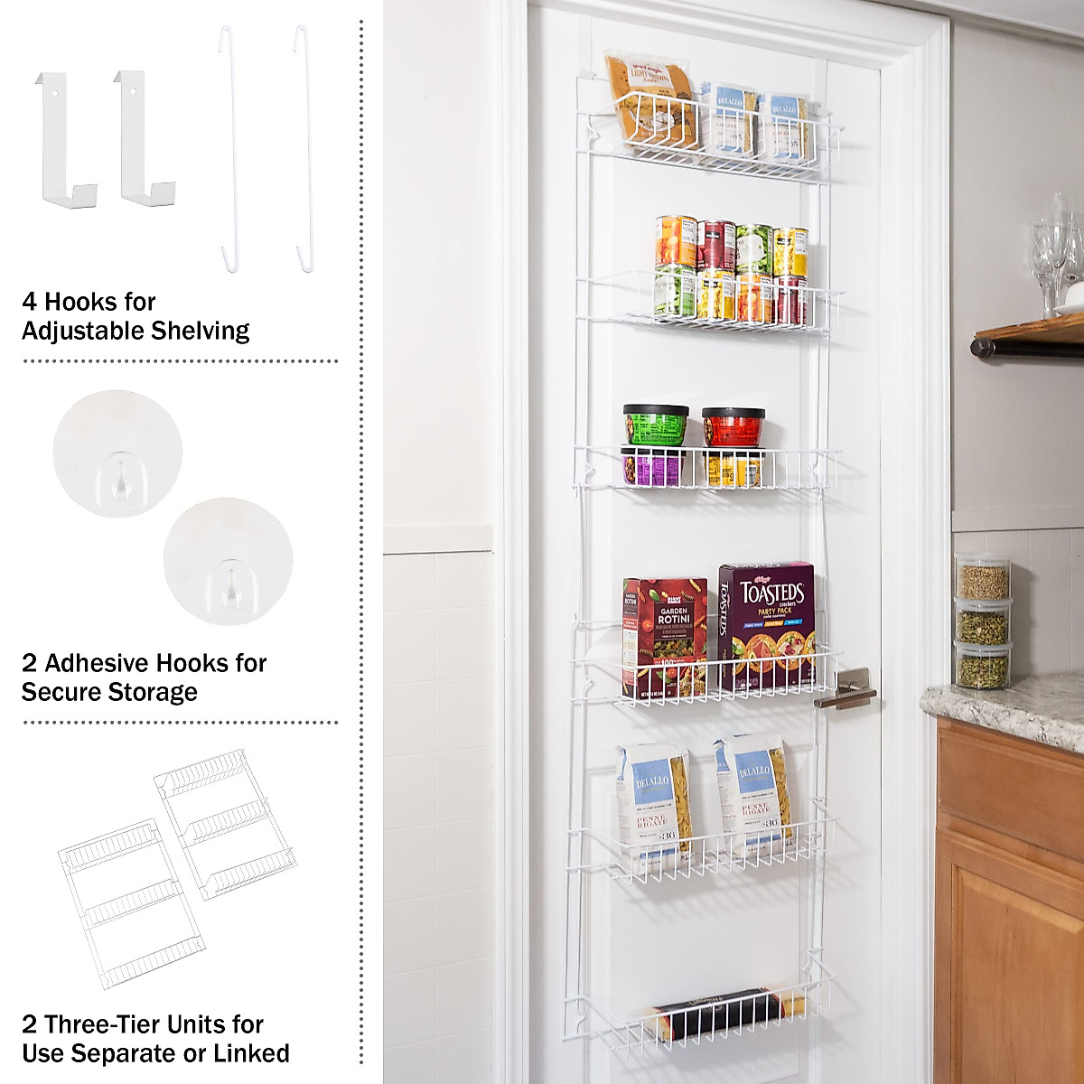 Lavish Home Powder Coated Steel Closet Organizer, 6-Tier Shelves, Over the Door Pantry Organizer, with Adhesive Hooks, White