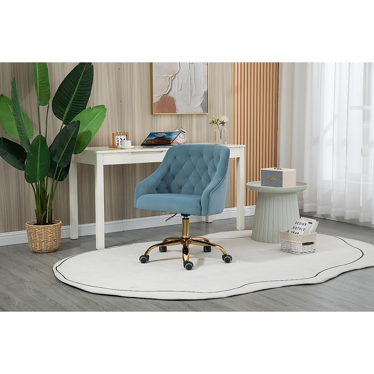 ZOBIDO Comfy Home Office Task Chair with Wheels, Cute Modern Upholstered Velvet Seashell Back Adjustable Swivel Vanity Desk Chair, for Women, for Girls, Living Room(Haze Blue)