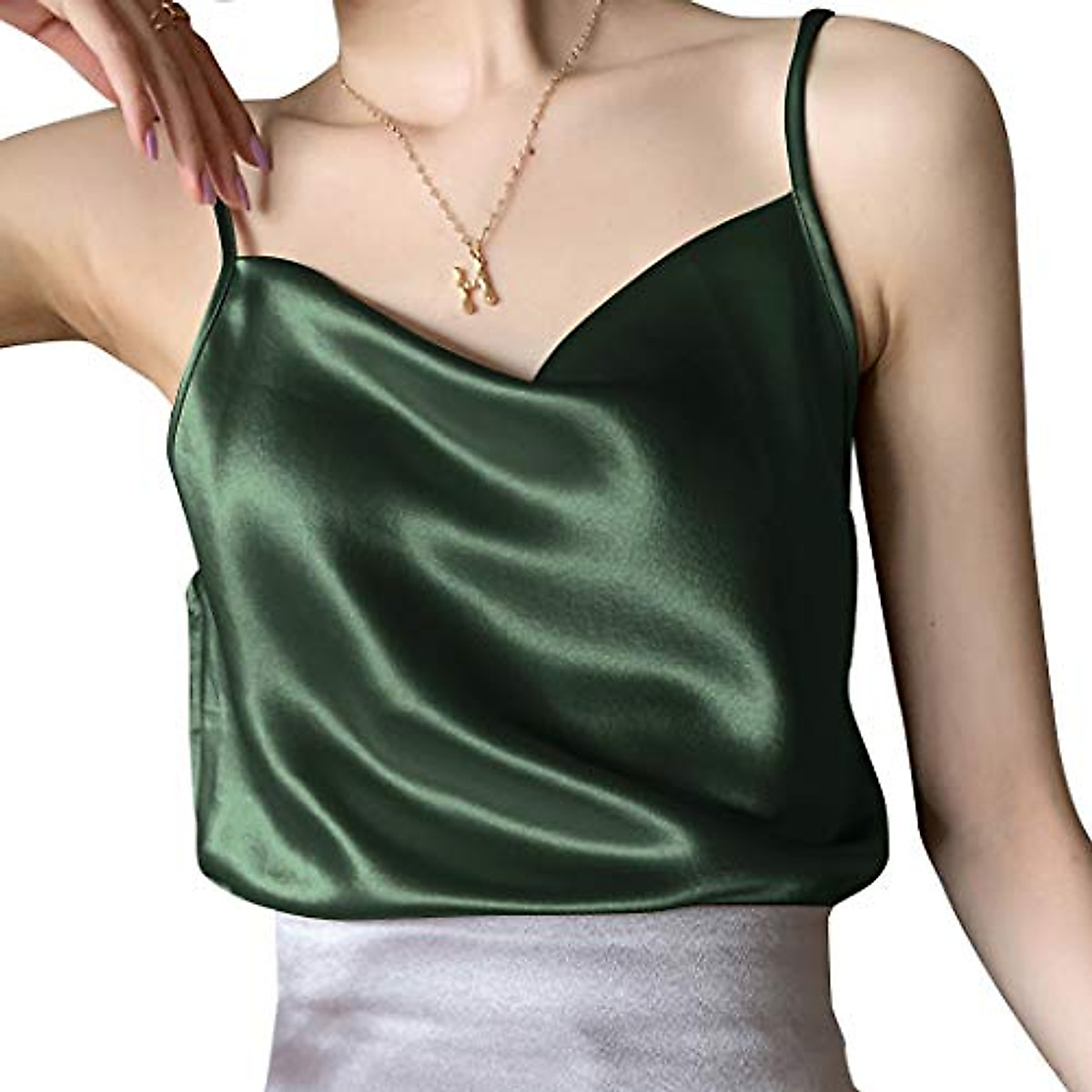 Miqieer Basic Women's Silk Tank Top Ladies V-Neck Camisole Silky Loose Sleeveless Blouse Satin Tank Shirt(Cowl Neck-Green,M)