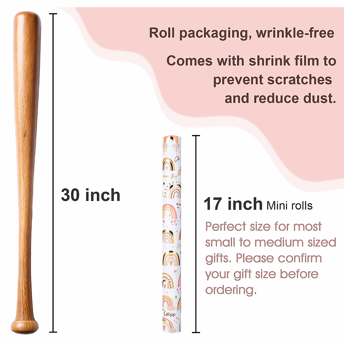 Afucus Boho Rainbow Wrapping Paper, Gold Foil Rainbow, Clouds, Hearts and Stars Themed Gift Wrap Paper, Cute Mini Rolls for Birthday, Baby Shower, Boy, Girl, Kids (17 Inch X 33 Feet)