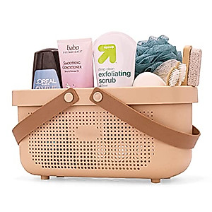 Brookstone BKH1634, Large Portable Shower Caddy with Soft Silicone Carrying Handle, Bathroom Organizer Basket, Plastic Bath Tote, Dries Quickly with Drainage Holes [BPA Free], Blush Color