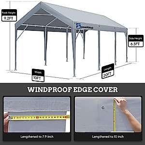 PEAKTOP OUTDOOR 10'x20' Heavy Duty Carport, Portable Car Canopy, Garage Tent, Boat Shelter with Reinforced Triangular Beams, Silver Grey
