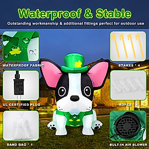 zukakii 5Ft St. Patrick's Day Inflatable Outdoor Decoration Blow Up French Bulldog Wearing Lucky Shamrocks Hat with LED Lights St Patricks Day Decorations Yard Garden Lawn Home Party Indoor