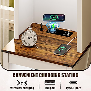 FREDEES Farmhouse Tall Night Stand Set 2, Bedside Table with Drawers & Adjustable Sheves, LED Nightstand with Gun Drawer, Smart End Table for Bedroom, Antique White