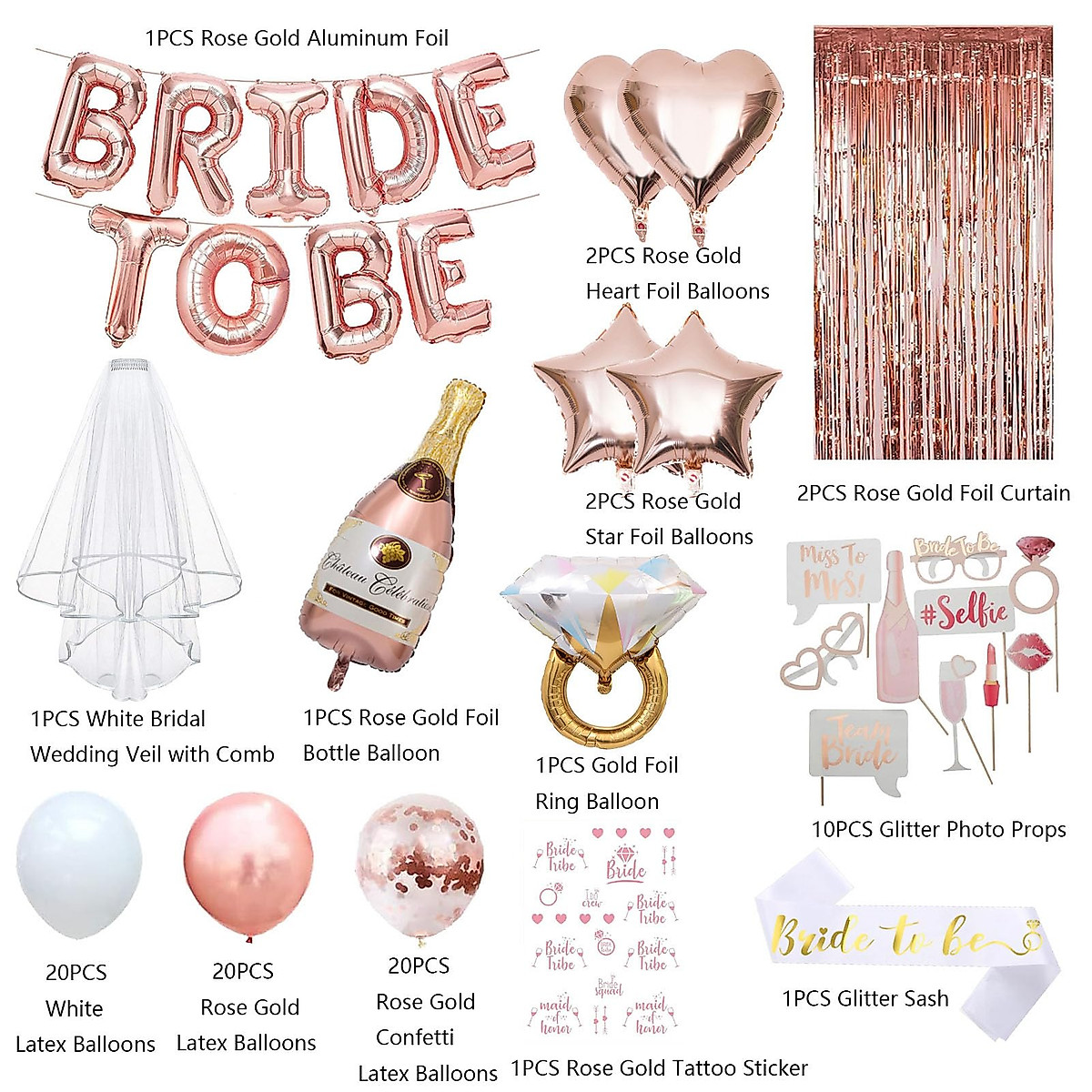 Bachelorette Party Decorations Rose Gold Bridal Shower Party Favors Kit Bride To Be Sash and Foil Balloons, Curtain, Veil, Photo Props, Temporary Tattoos, Latex Balloons