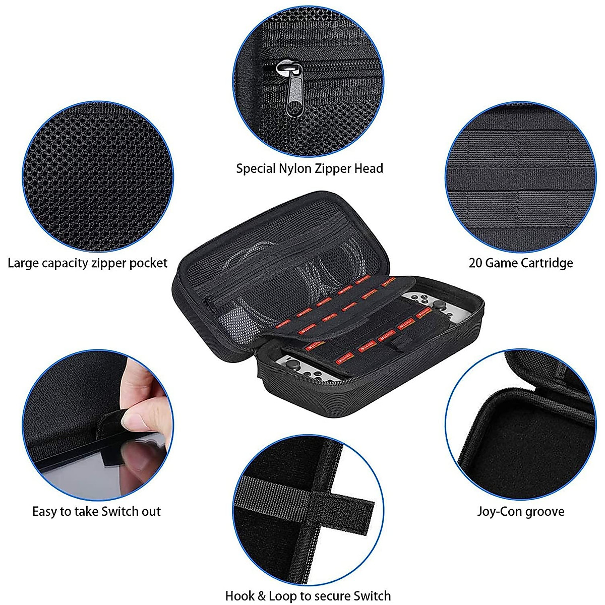 HEYSTOP Switch Case / Switch OLED Case Accessories Compatible with Nintendo Switch & OLED Model, Carry Case with Joycon Grip / PlayStand / Thumb Grips Caps for Nintendo Switch & OLED Model, Black