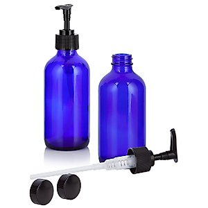 8 oz Cobalt Blue Boston Round Glass Bottles (2 Pack) with Two Closures: Black Lotion Pump and Phenolic Caps