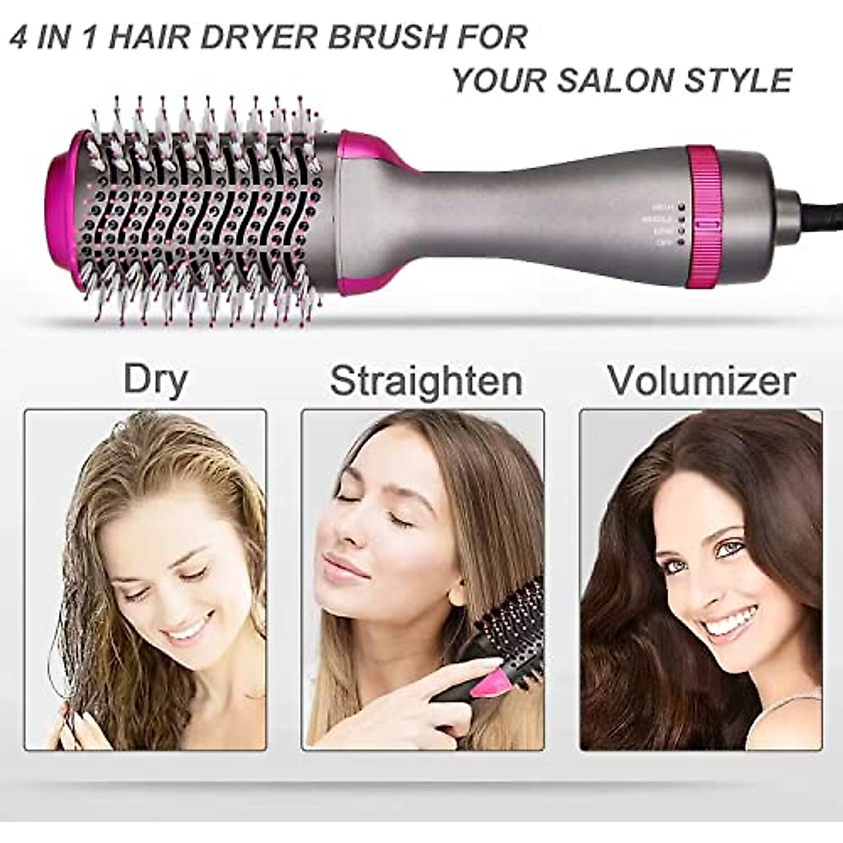 Hair Dryer Brush, Hot Air Brush, Negative Ion Hair Dryer Volumizer Brush for Women, Ceramic Anti-sacald Blow Dryer Brush for Fast Drying Styling Curling Hair with 3 Temp Levels (Grey)