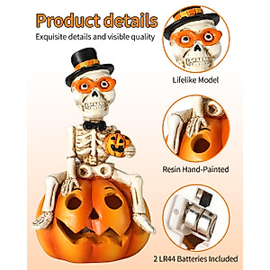 iStatue Halloween Decorations, 2-Pack Resin Black Cat & Skeleton on Pumpkin with Jack-o’-Lantern Lights - Indoor/Outdoor Gift for Fireplace Table Top Party Tiered Tray Decor (Skeleton & Cat)