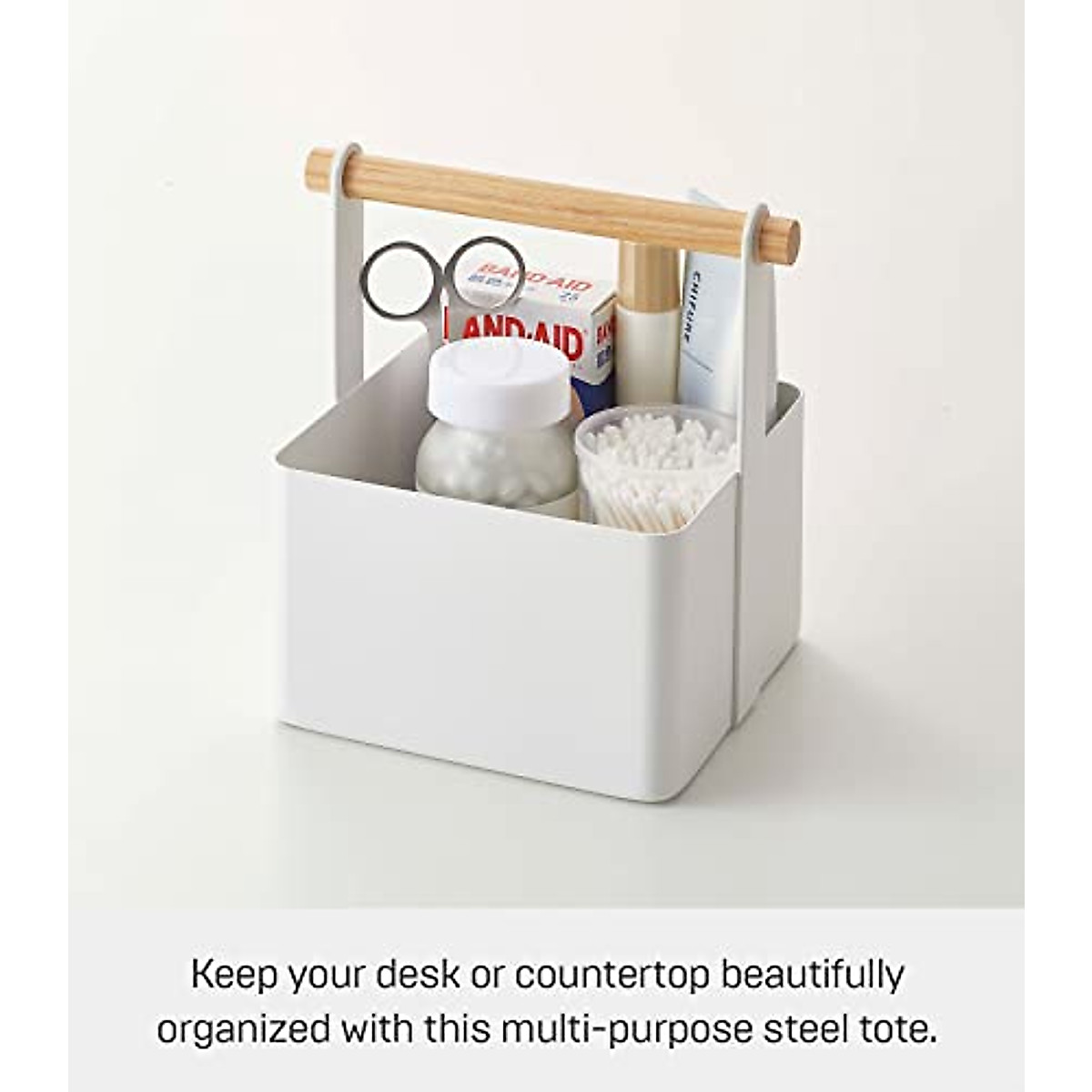 Yamazaki Home Tosca Storage Basket - Wood Handle Organizer - Small - Steel + Wood