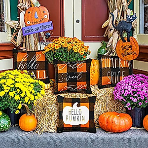 4 Pieces Christmas Mini Pillows Decorations Buffalo Plaid Pillow Plaid Mini Throw Pillow Tiered Tray Decor Home Living Room Bedroom Thanksgiving Party Fall Decor for Tiered Tray(Orange and Black)