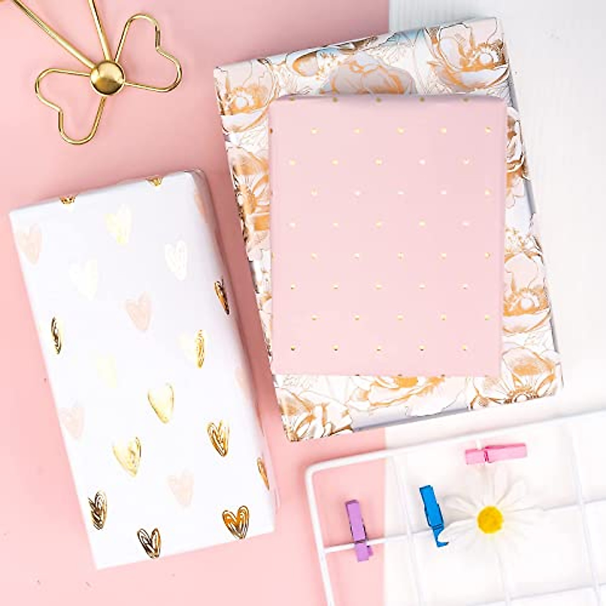 MAYPLUSS Wrapping Paper Roll - Mini Roll - 17 inch X 120 inch Per roll - 3 Different Pink and Gray Floral Design (42.3 sq.ft.ttl)