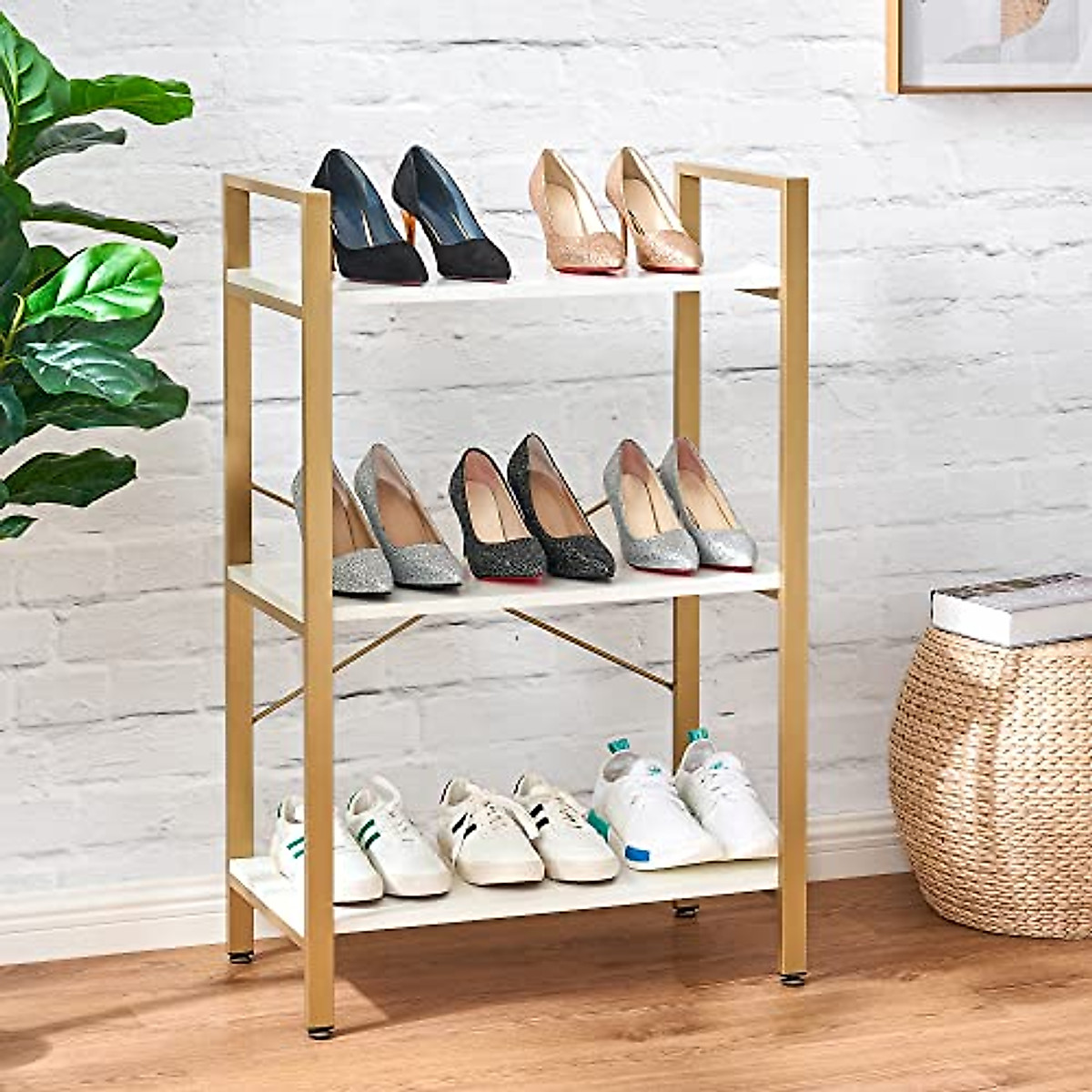 BEWISHOME 3 Tier Bookshelf Open Organizer, White Small Bookshelf for Small Spaces, Modern Wooden Storage Bookcase with Gold Metal Frame for Bedroom Living Room and Home Office JCJ42M