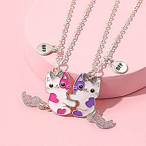 Saalort Best Friends Necklace for 2 Magnetic Split Heart Necklaces Set Friendship Gifts BFF Matching Pendant (Cat)