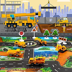 SLENPET Large Airplane Toy with 6 Construction Trucks Set, 32.6x22.4 Inch Play Mat, 11 Road Signs, 9 in 1 Vehicle Car Toys for 3 Year Old Boys, Kids, Toddlers, Childs