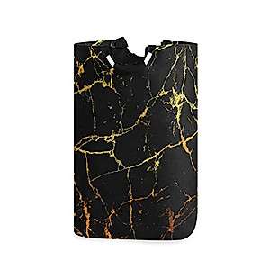ALAZA Large Laundry Hamper Basket Black Marble With Gold Geometric Laundry Bag Collapsible Oxford Cloth Stylish Home Storage Bin with Handles, 22.7 Inch