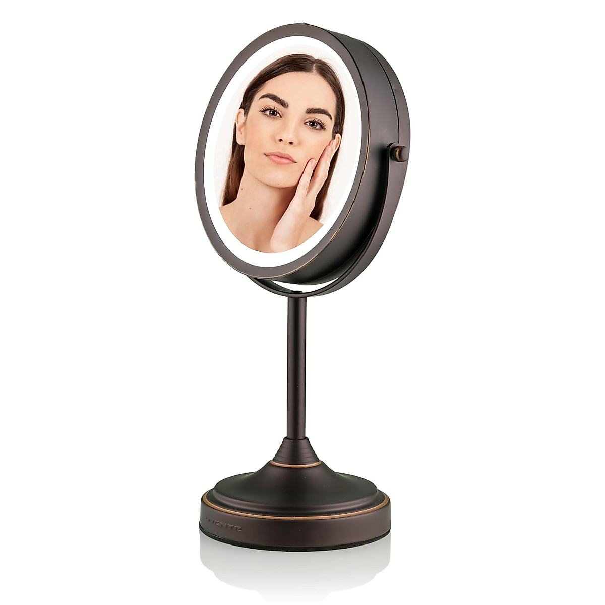 OVENTE 7'' Lighted Makeup Mirror with 1X/7X Magnification, Cordless Tabletop Mount Vanity Mirror with 360° Swivel Design & Double Sided Glow Cosmetic White LED Ring Light, Antique Bronze MCT70ABZ1X7X