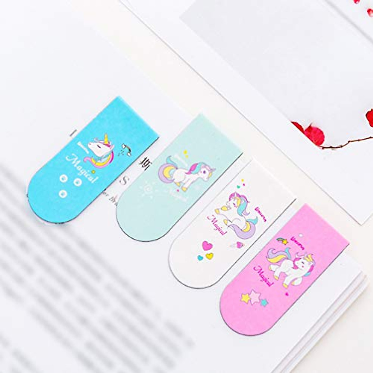 NUOBESTY 8Pcs Magnetic Bookmarks Unicorn Magnet Page Markers Page Clips School Office Supply(White, Green, Pink and Blue)