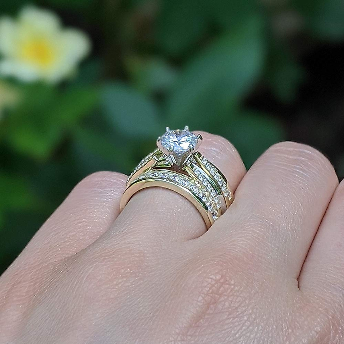 TwoBirch 1.01 Ct. Combination Cathedral and Classic Ring Guard in Yellow Gold Plated Sterling Silver with Cubic Zirconia (Size 7)