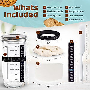 Jodhu Sourdough Starter Jar Kit 24oz with Spatula & Dough Scraper Wide mouth Aluminium lid thermometer Dated Rubber feeding band Sewn cloth cover for baking Sourdough culture bread yeast