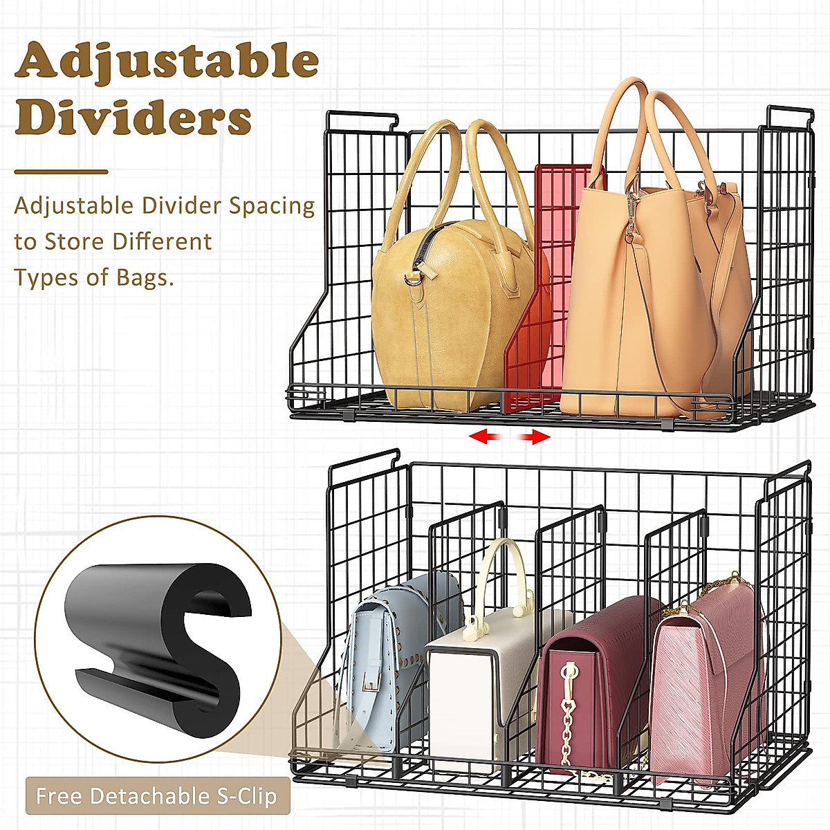 Sonyabecca Purse Storage Organizer for Closet:Adjustable Dividers Handbag Organizer,Stackable Wire Handbags Storage Baskets-Small and Medium-Sized Wallets Tote Chain Bags Clutches