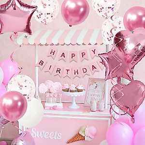 RUBFAC Pink Birthday Decorations for Women and Girls, Happy Birthday Banner, Pink Fringe Curtain, Pink Confetti Balloons, Heart Shape Foil Balloons for Women Girls Birthday Princess Party