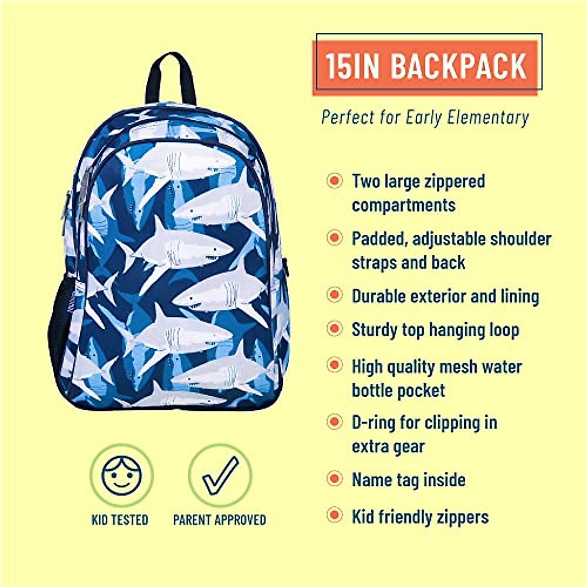 Wildkin 15-Inch Kids Backpack for Boys & Girls, Perfect for Early Elementary Daycare School Travel, Features Padded Back & Adjustable Strap (Sharks)