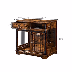 Lostcat Dog Crate Furniture with Sliding Barn Door, with Drawer and Storage,35in Rustic Style Decorative Dog Cage,Wooden Dog Kennel End Table, Easy Assembly,for Small Medium Dog(Rustic Brown)