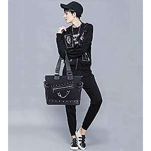 Women Fashion Rivet Handbag Purse Canvas Punk Tote with Shoulder Strap Crossbody Bag Large Capacity Black (Black)