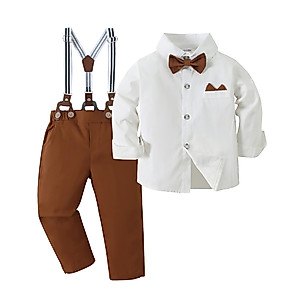 YALLET Toddler Baby Boy Clothes Suit Gentleman Outfits Formal Dress Shirt + Bowtie + Suspender Pants Wedding Party(L White, 2-3T)