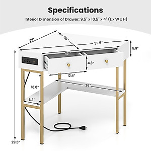 Tangkula White Corner Desk with 2 Drawers & Built-in Charging Station, 90 Degrees Triangle Corner Computer Desk for Small Space, Bedroom Makeup Vanity Desk with Storage Shelves, Corner Writing Desk