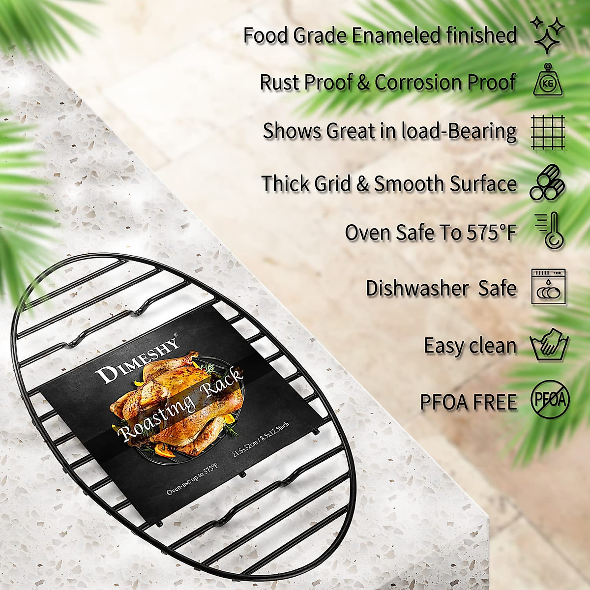 DIMESHY Roasting Rack, Black with Integrated Feet, Enamel Finished, Nonstick, fit for 15 inches oval roasting pan, safety, dishwasher, Great for Basting, Cooking, Drying, Cooling rack. (12.5”x 8.5”)