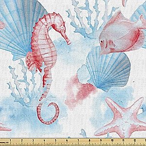 Lunarable Nautical Fabric by The Yard, Shells Sea Horse Corals Fish Sandy Beach Exotic Watercolor Effect, Decorative Fabric for Upholstery and Home Accents, 1 Yard, White Coral