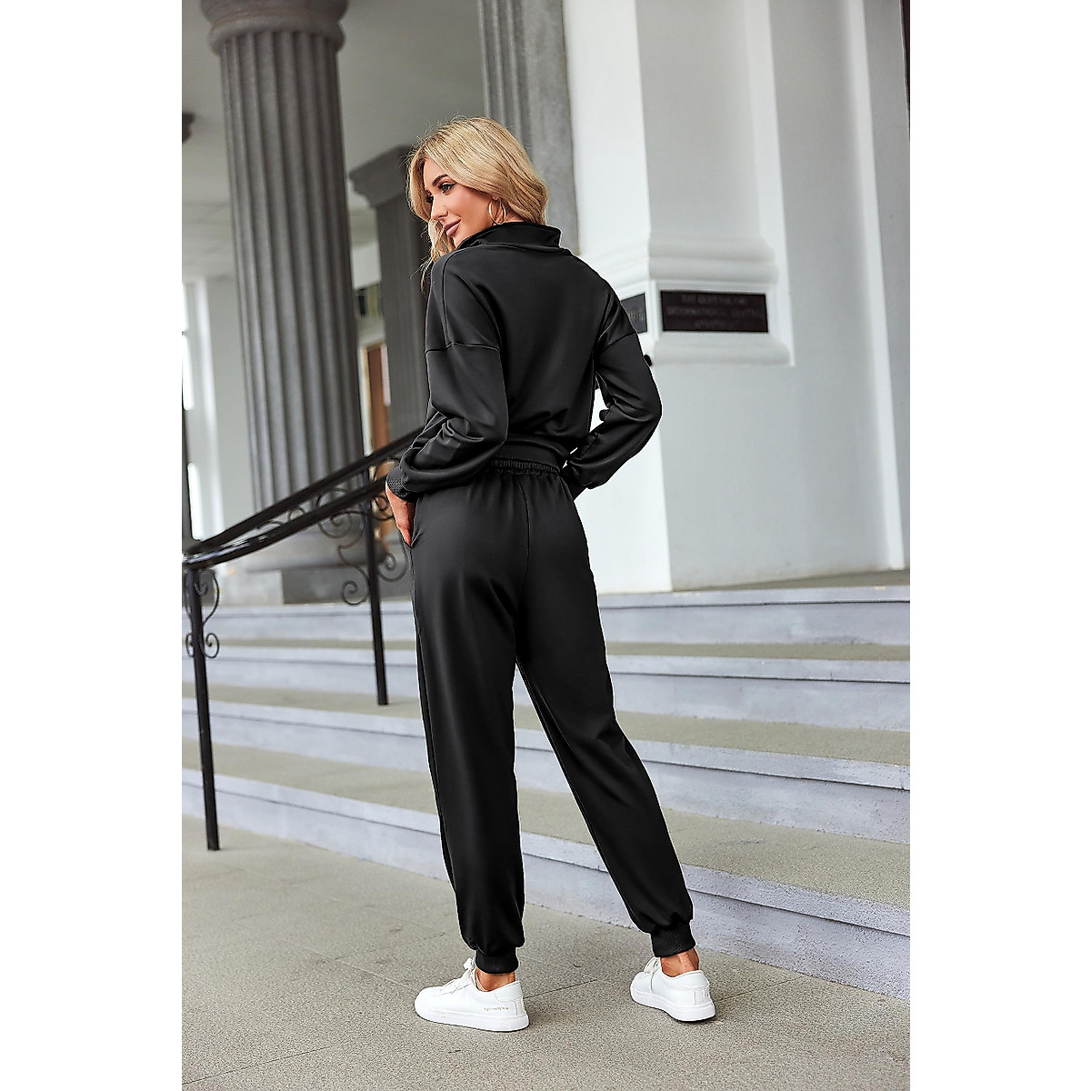 ELESOL 2023 Fall Sweatsuits for Women Set Outfits for Women 2 Piece Sets 1/4 Zip Jogger Sets with Pockets Black S