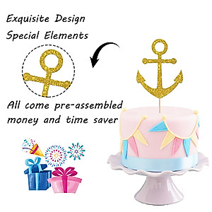 Gold Glitter Ship Anchor Cake Topper - for Baby Shower/Nautical Themed Party/Navy Themed Bon Voyage/Navy Wedding Party Decorations Supplies
