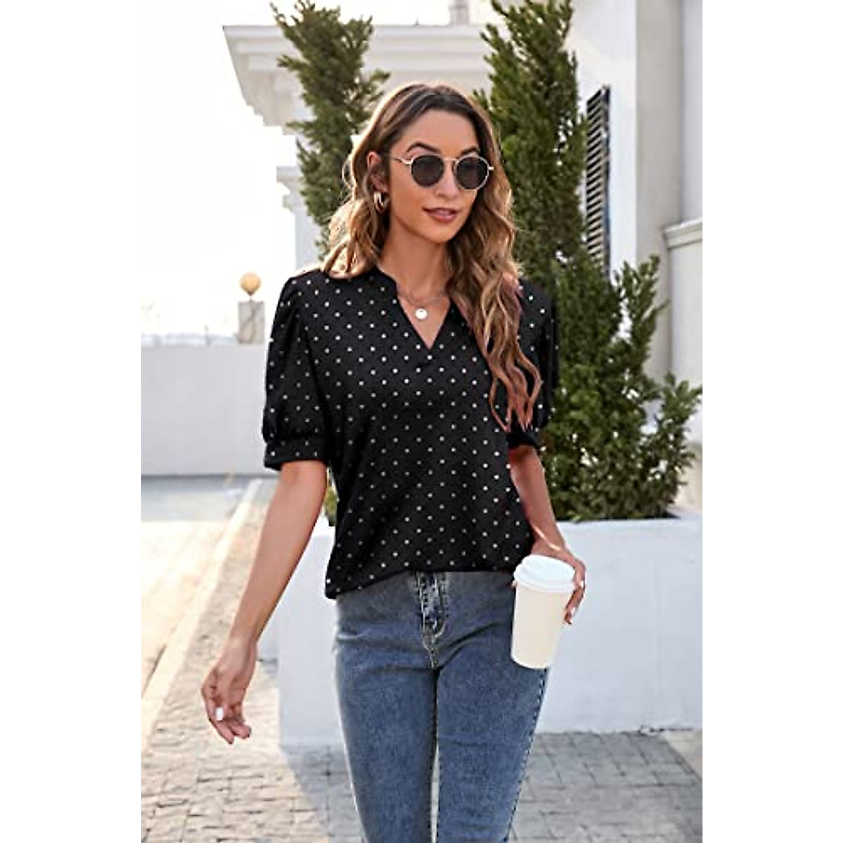 Summer Tops for Women 2023 Notch Neck Puff Short Sleeve Shirts for Women Tunic Tops for Women Loose Fit Solid Tops for Women Blouse Trendy Tops for Women Polka Dot Black L